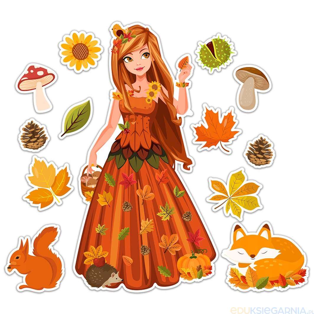 Dekoracja szkolna i przedszkolna Pani Jesień (13 elementów, dwustronne ...